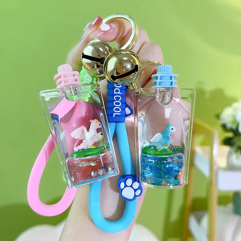 Cool-Acrylic-Jelly-Bottle-Key-Chain-Creative-Quicksand-Liquid-Dinosaur ...