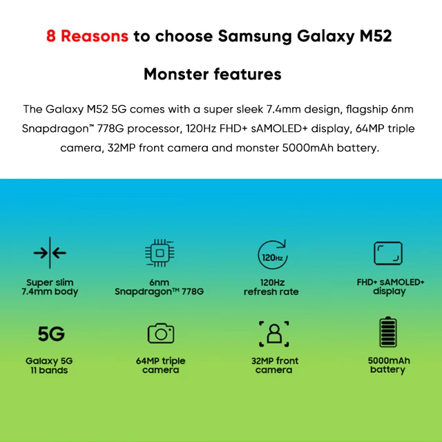 Samsung Galaxy M52 M526bds 5G Smartphone Snapdragon 778G 120Hz Super ...