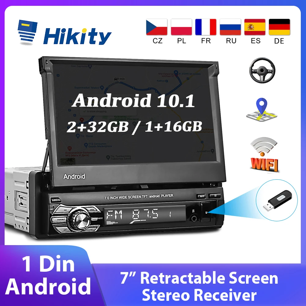 Hikity 1Din Car Radio GPS Navigation 7" HD Retractable Screen Android 10 Wifi Mirror Link MP5 ...