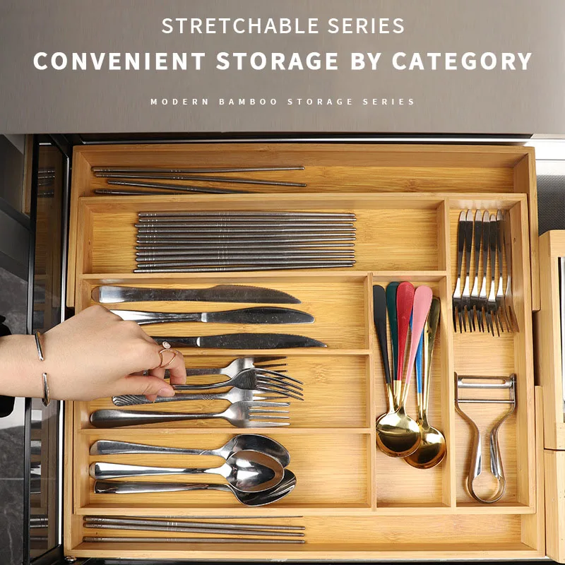 Bamboo Japanese Drawer Partition Storage Box, Extendable Tableware ...
