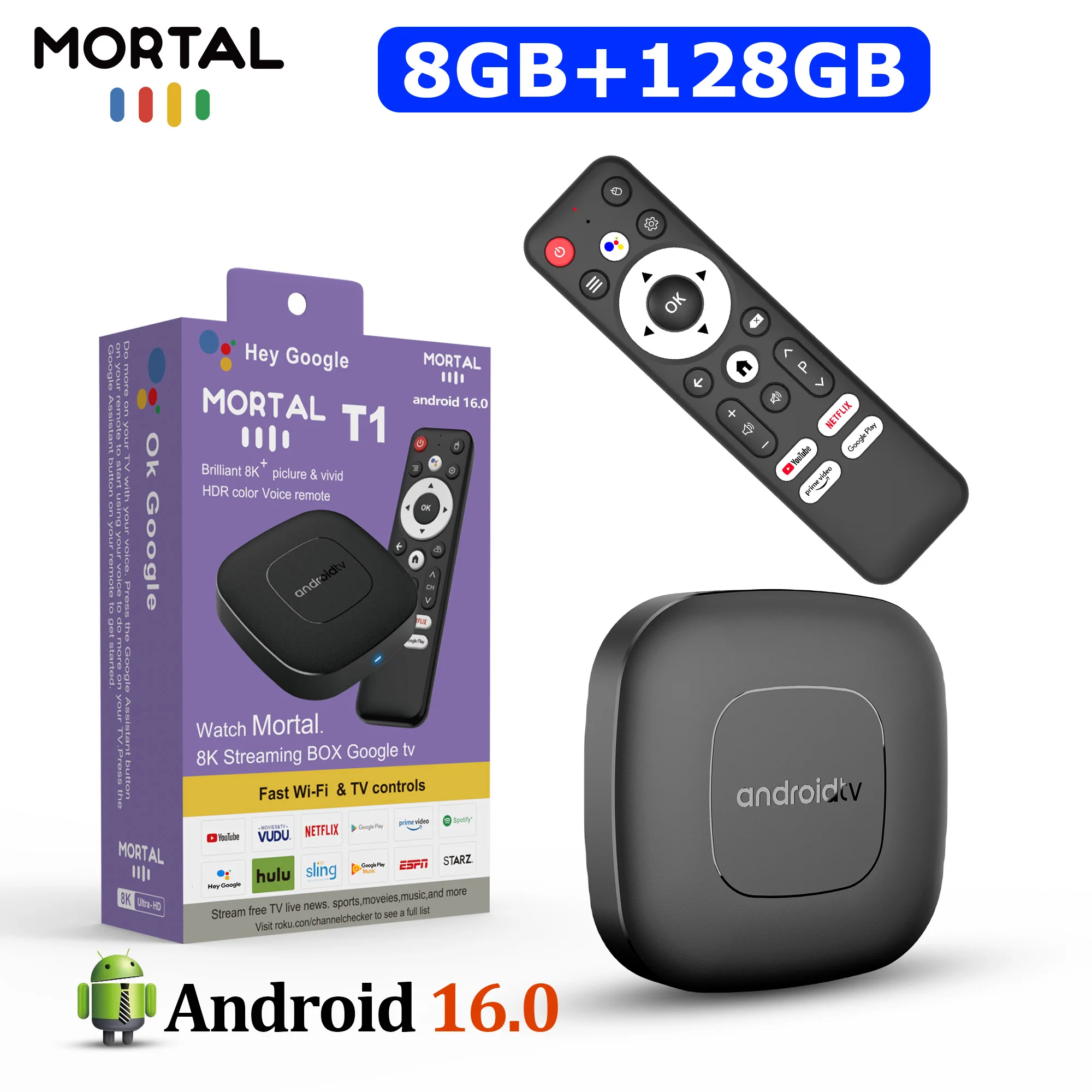 Mortal TV Box T1 Android 16 4K Google Voice 8G RAM 128G ROM RK3518 BT5 ...