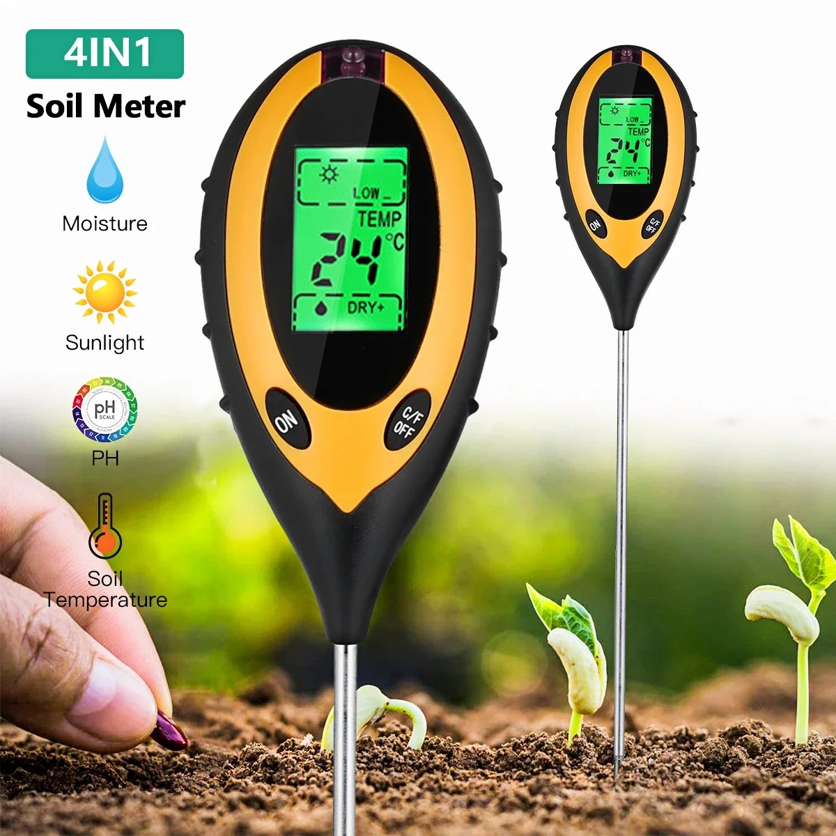 Professional-Soil-PH-Meter-4-In1-LCD-Temperature-Solar-Moisture-PH ...