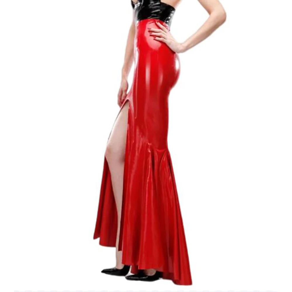 Glossy-PVC-Leather-High-Waisted-Hobble-Maxi-Skirts-High-Split-Meramid ...