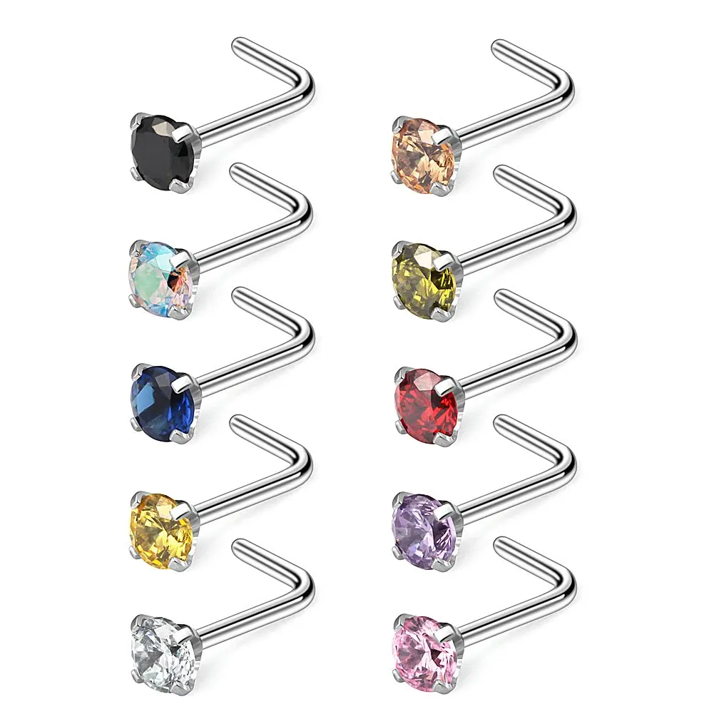10PCS-18G-Surgical-Steel-Mix-Color-CZ-Nose-Stud-Rings-L-Shaped-Piercing ...