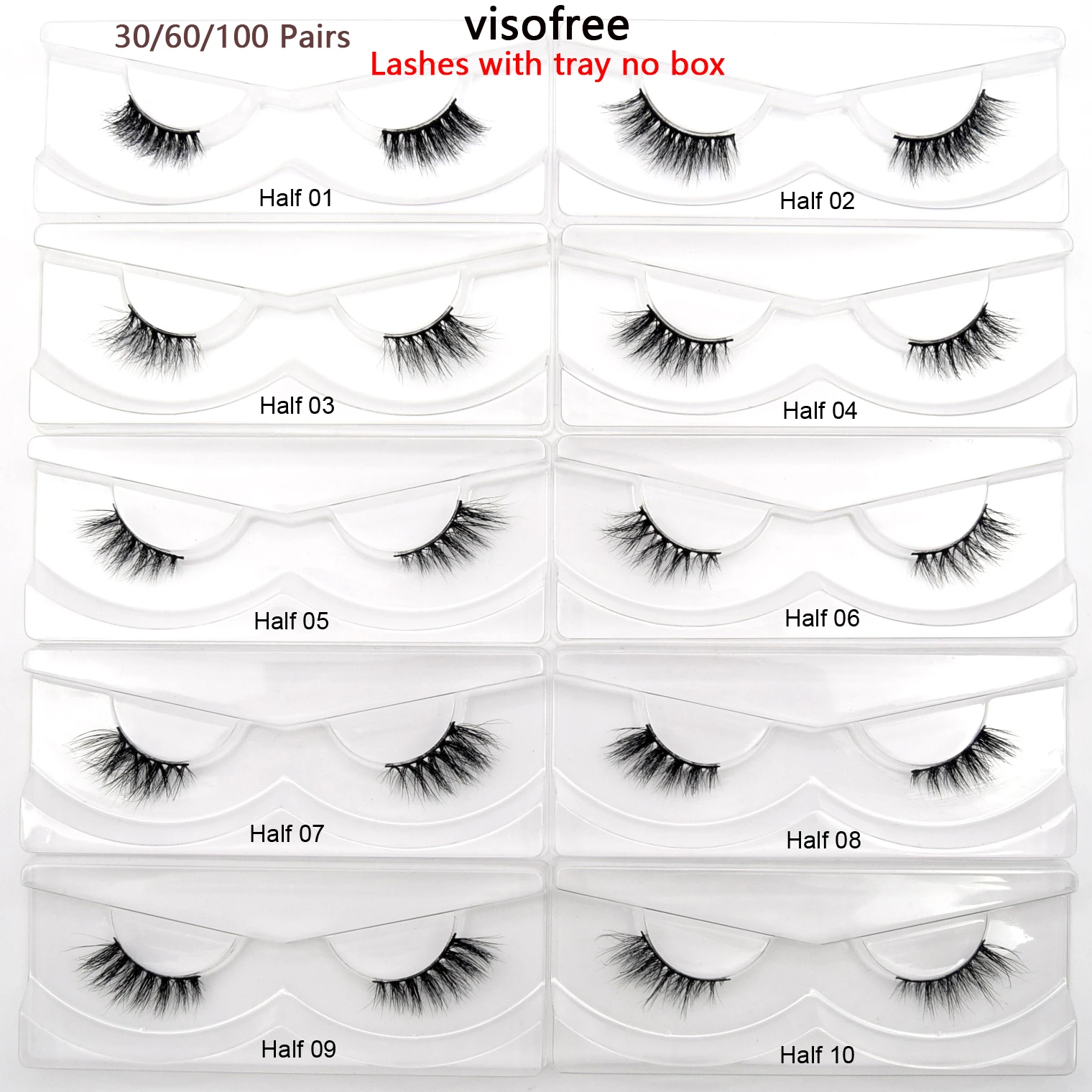 30/60/100 Pairs Visofree Half Lashes in Trays No Box Wholesale Mink ...
