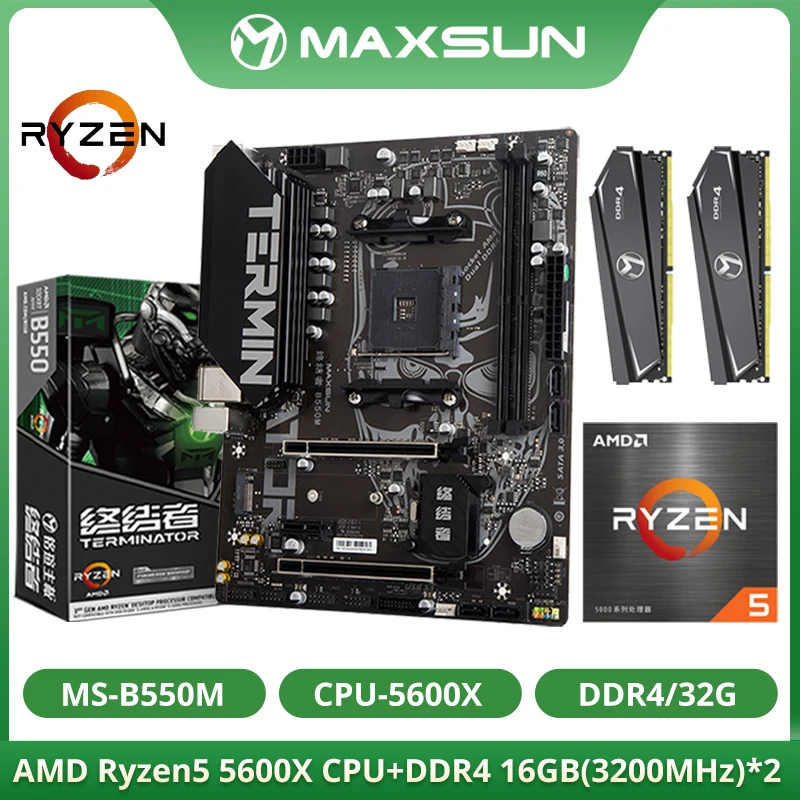 MAXSUN-Kit de Placa Mãe para PC Desktop, AMD B550M com CPU, Ryzen 5, 5600X, DDR4, 16GB x 2 ...