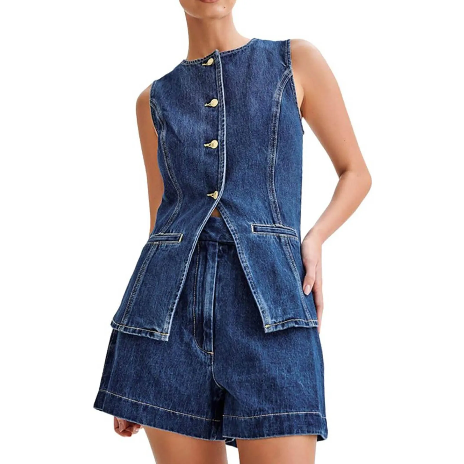 Summer Cotton Denim 2 Piece Sets Women's Fashion Sleeveless Casual Tank ...