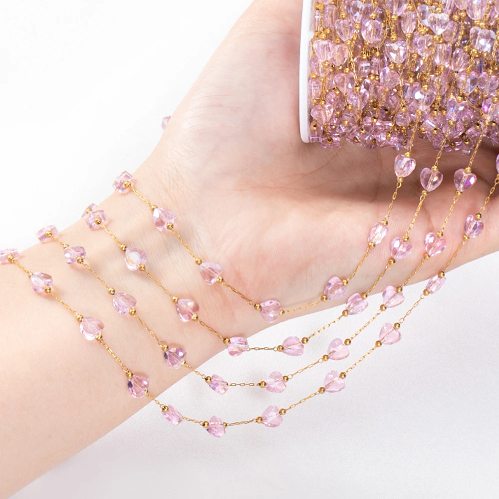 2meters-1meter-Stainless-Steel-Love-Heart-Beaded-Chain-Clear-Pink-Green ...