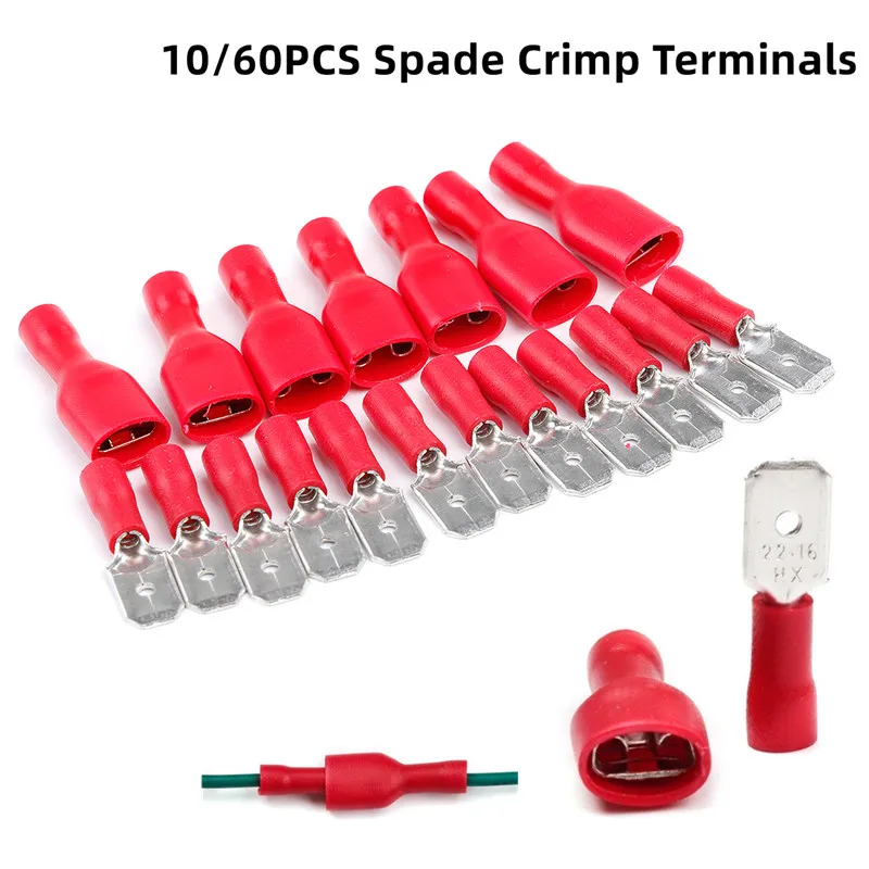 10-60PCS-Spade-Crimp-Wire-Cable-Connector-Red-1-25-250-Male-Female ...
