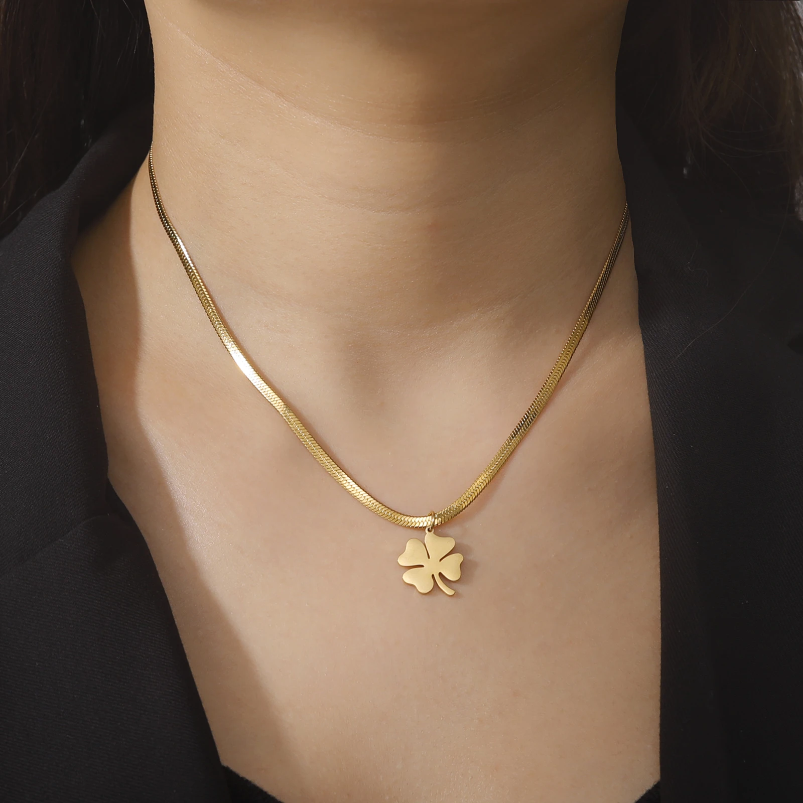 Skyrim-Four-Leaf-Clover-Women-Necklace-Stainless-Steel-Gold-Color-Snake ...