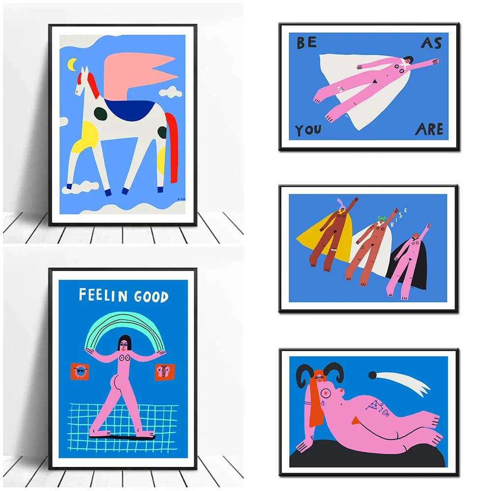 Toile de peinture femme bleue nue, fille abstraite, décor de maison ...