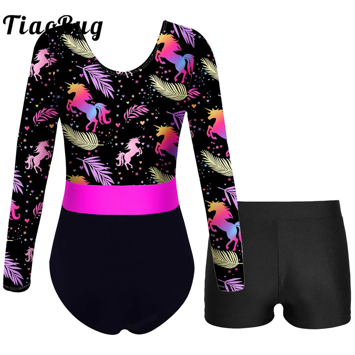 Kids Girls 2pcs Gymnastics Dance Outfits Long Sleeve Leotards With ...