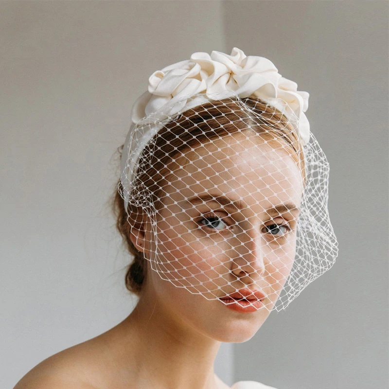 Face Veil White Birdcage Veil for Bridal Black Handmade Flowers Wide ...
