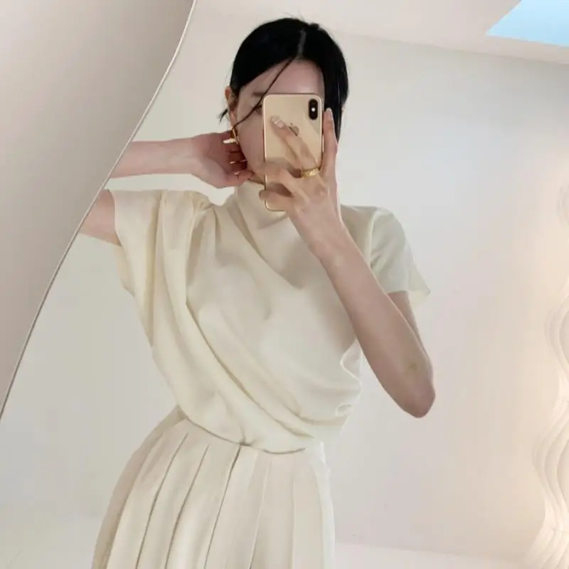 프렌치 스타일 스몰 하이넥 여성 상의 플리츠 롱 팬츠 심플한 캐주얼 우아하고 분위기 있는 감각적인 스타일 한국적인
