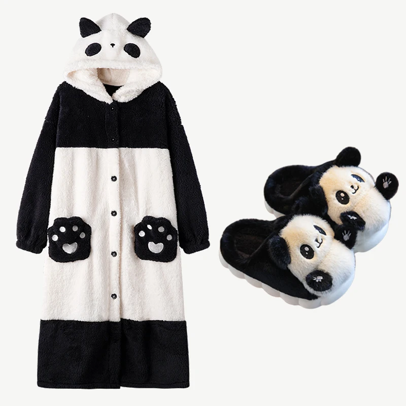 Cartoon Panda Plush Pajamas Robes Anime Adult Nightgown Winter Long ...
