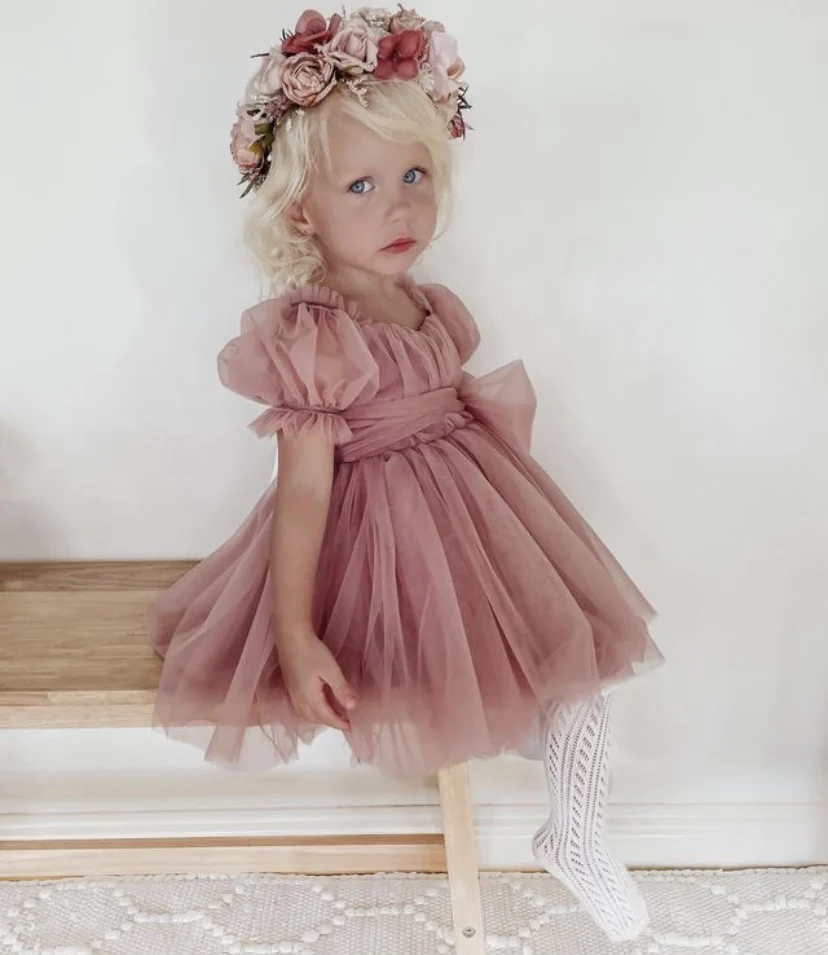 Baby-Girls-Dust-Pink-Dress-for-Kids-Puff-Sleeve-Toddler-Casual-Vestido ...