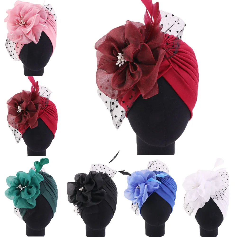 Lastest Feather Flower Turban Bonnet for Women