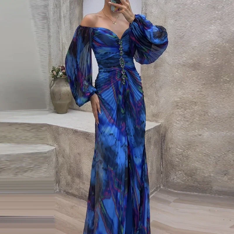 Elegant Lantern Sleeve Maxi Party Dress Lady Sexy Off Shoulder Chiffon ...