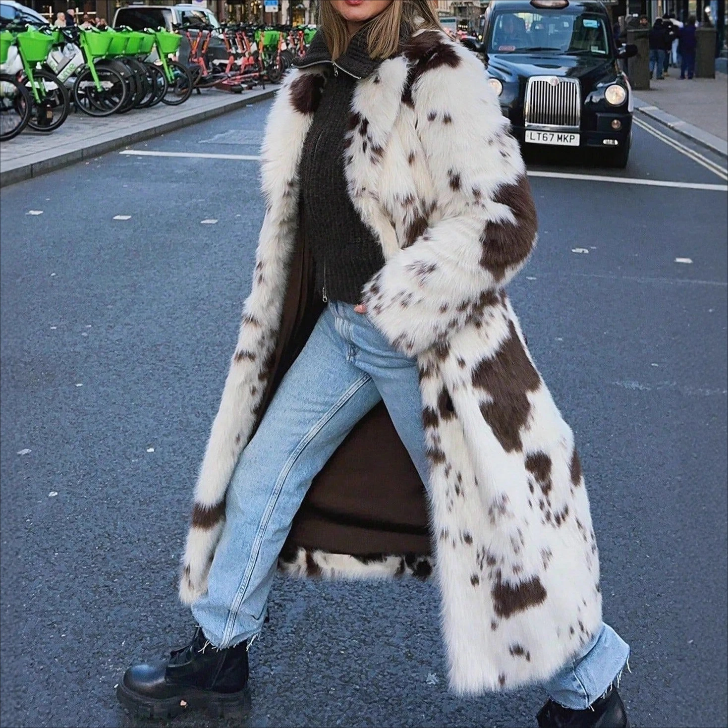 Women Faux Fox Fur Coats Solid Long Fur Jackets Color Blocked Lapel ...