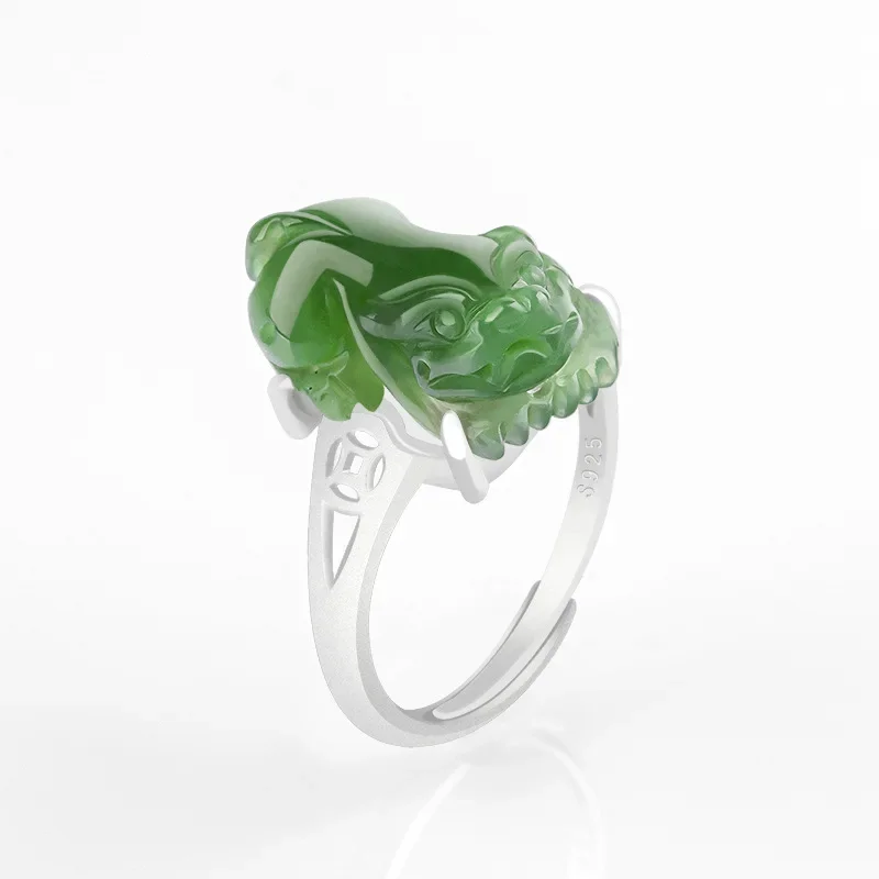 Natural Emerald Green Jade Pixiu Ring S925 Silver Inlaid Size ...