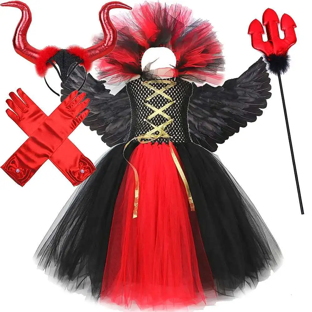 Red Devil Demon Angel Costumes for Girls Carnival Halloween Long Tutu ...