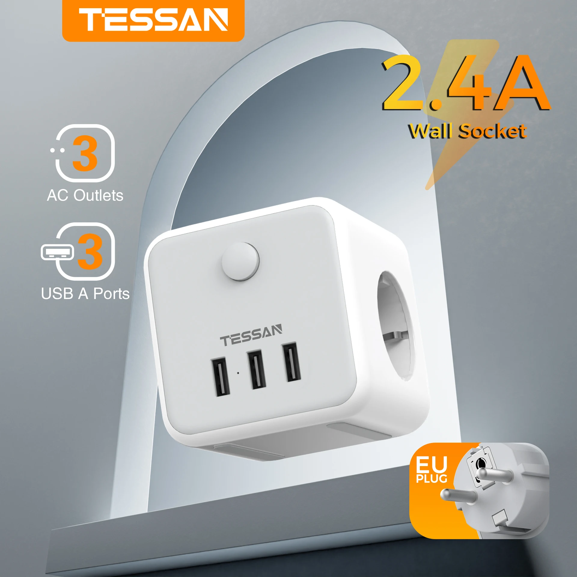 TESSAN European Korea Plug Electric Socket Extender with USB Ports Tee ...