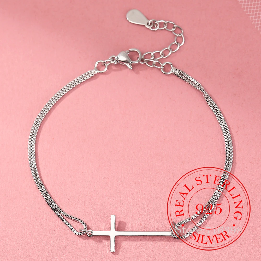 Korean-925-Sterling-Silver-Double-Layer-Cross-Charm-Bracelet-For-Women ...