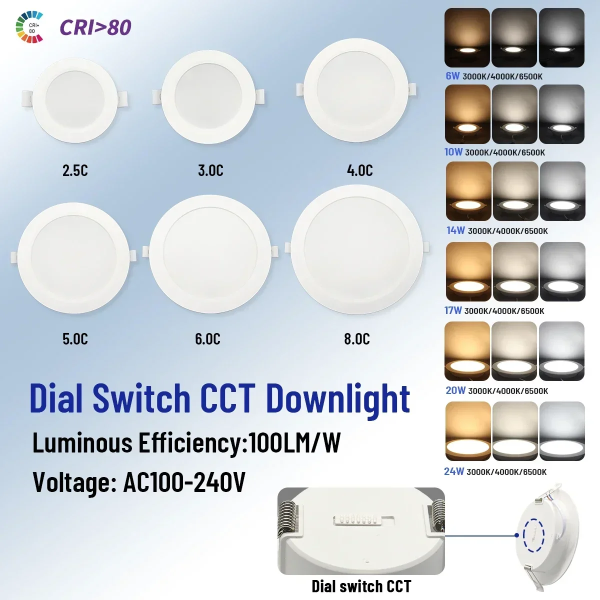 LED 다운라이트 다이얼 스위치 CCT 천장 조명, 매입형 원형 패널 조명, 실내 조명, 100-240V, 3000K ...