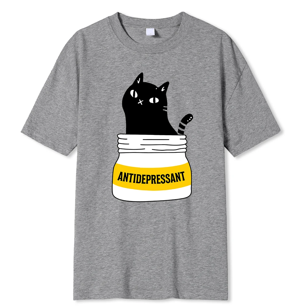 Black Cat Eat Antidepressant Funny Print Men T Shirt Fashion Oversize T ...