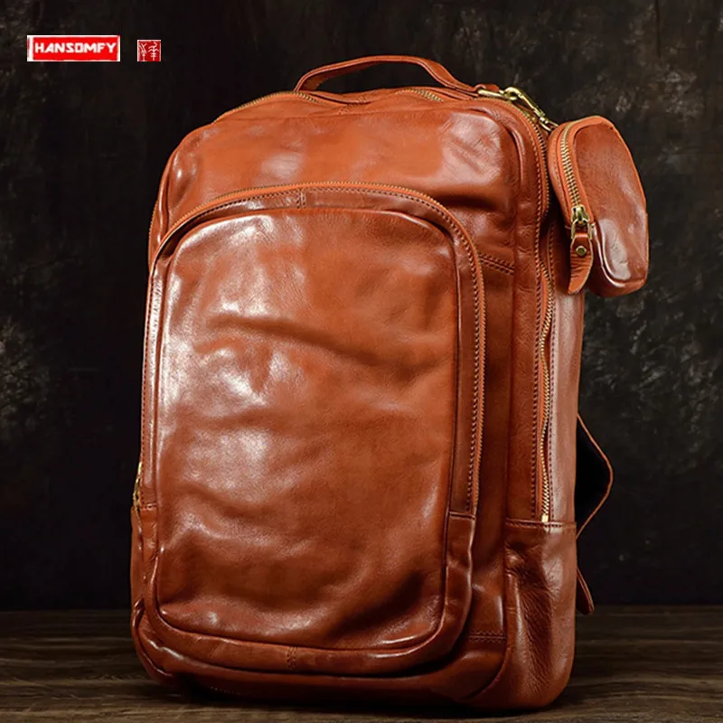 Genuine Leather Men Backpacks Fashion Retro Casual Business Handheld 14 ...