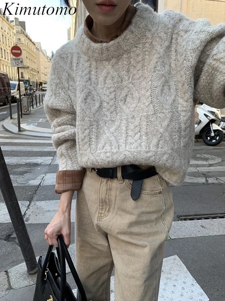 Kimutomo-Vintage-Solid-Twist-Plaid-Design-Loose-Sweater-Woman-Elegant-O ...