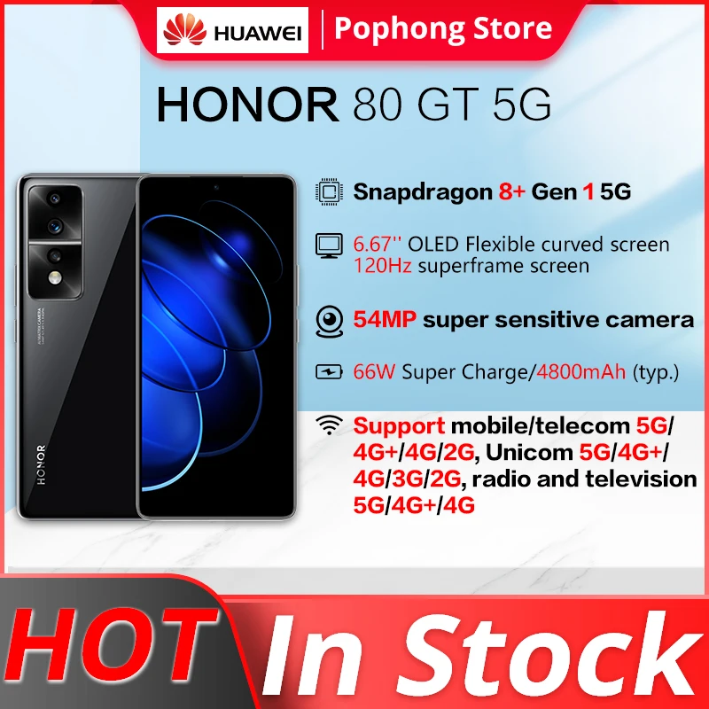 Honor 80 Gt 5g Mobile Phone 6.67 Inch Amoled Screen Snapdragon 8+ Octa Core 66w Supercharge ...