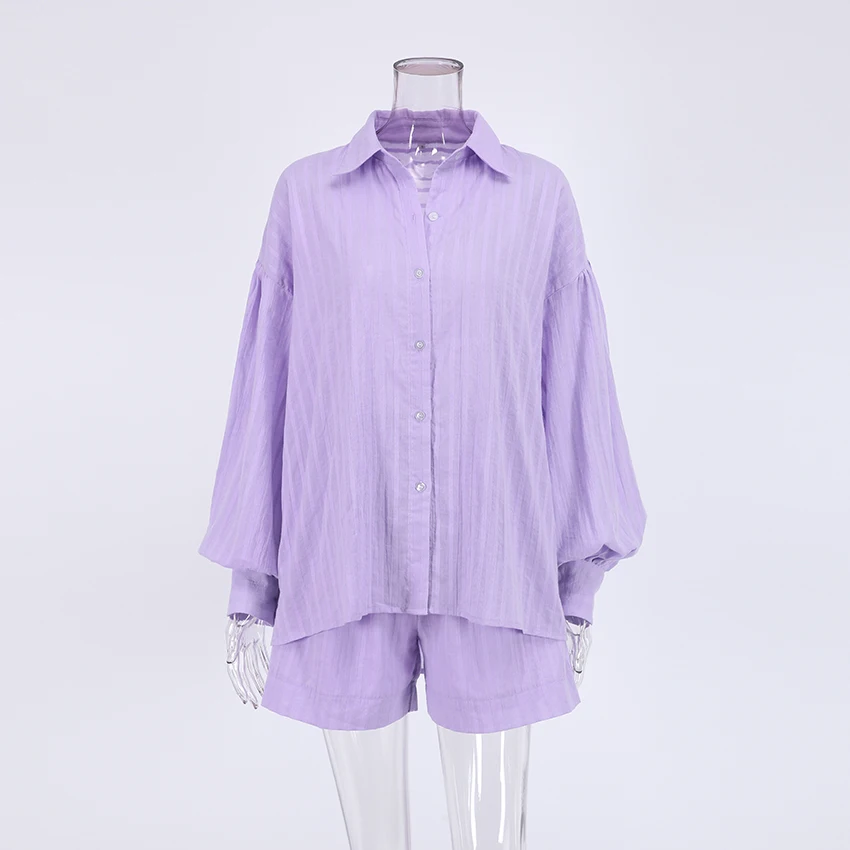 OOTN Casual Shorts Sets Striped Jacquard 2 Pieces Cozy Lapel Lantern Sleeve Shirt Summer Outfit ...