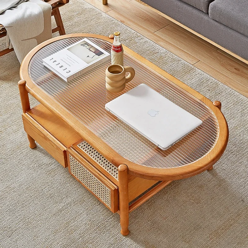 Solid-wood-rattan-woven-long-rainbow-glass-coffee-table-small-living-room-semi-circular-low ...