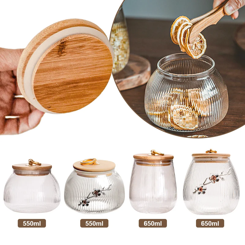 Glass Stripe Bottle With Bamboo Lids Transparent Sealed Cans Home ...