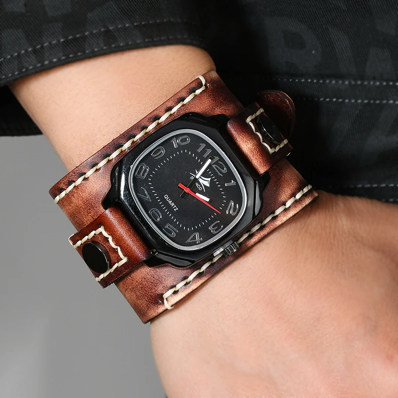 Vintage Genuine Leather Men Quartz Watch with Hand Stitched Wide ...