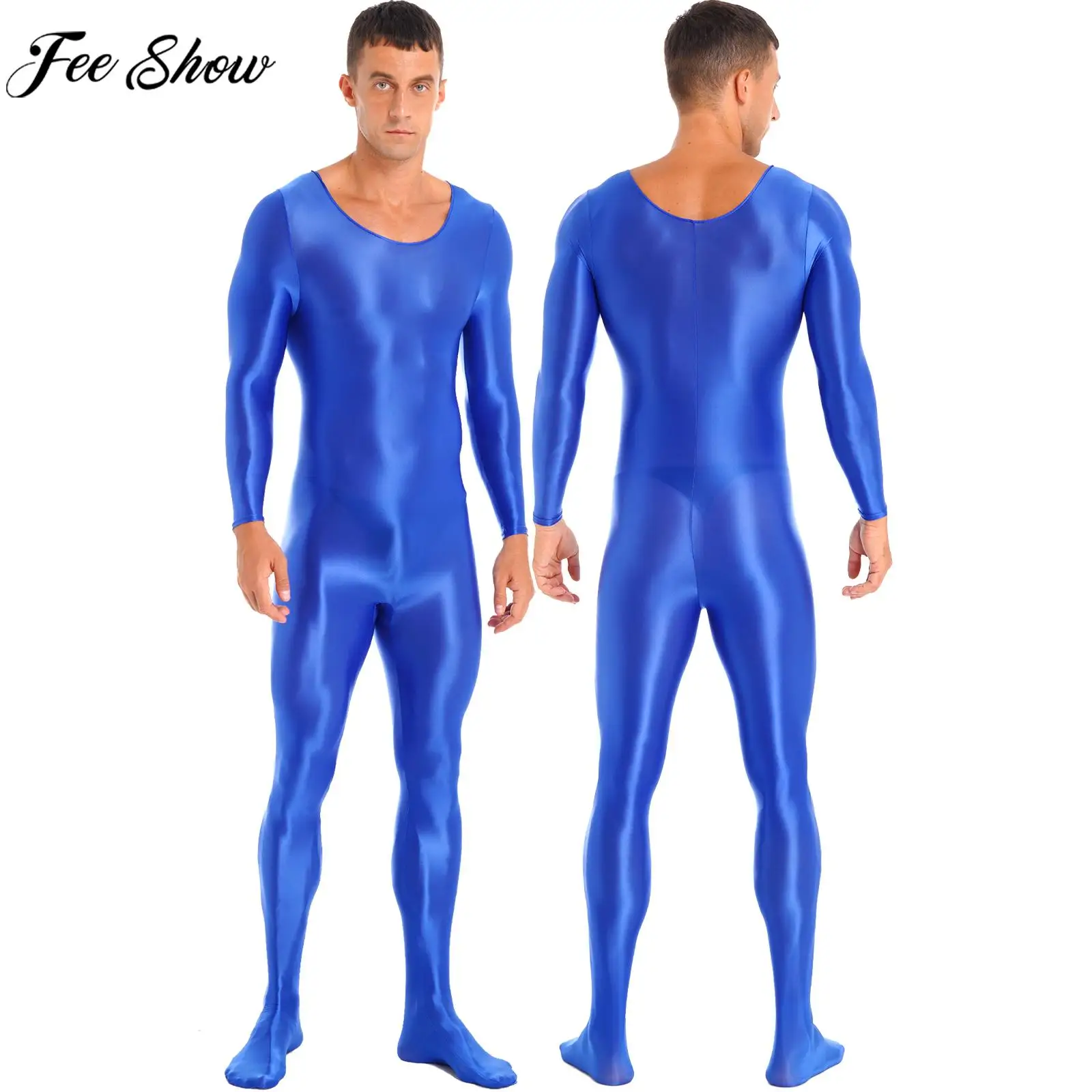 Mens Long Sleeve Glossy Bodystocking Solid Color Stretchy Bodysuit ...