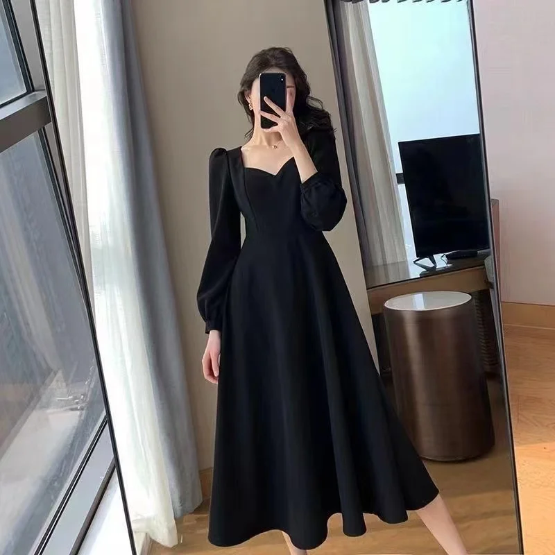 Long-Puff-Sleeve-Solid-Elegant-Dress-Women-Clothing-Wedding-Guest-New ...