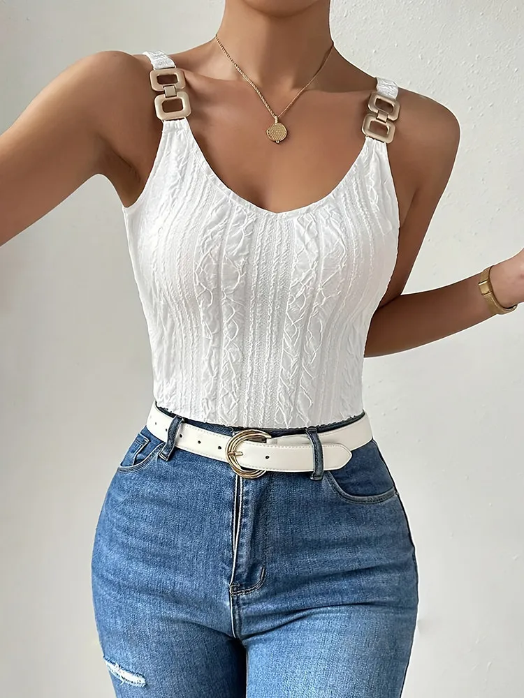 Top-informal-con-botones-dorados-y-cadena-para-mujer-top-con-cuello-en ...