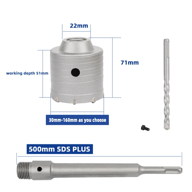 SDS Plus 500mm Wall Hole Saw Drill Bit Cutter Tools With Round Shaft ...