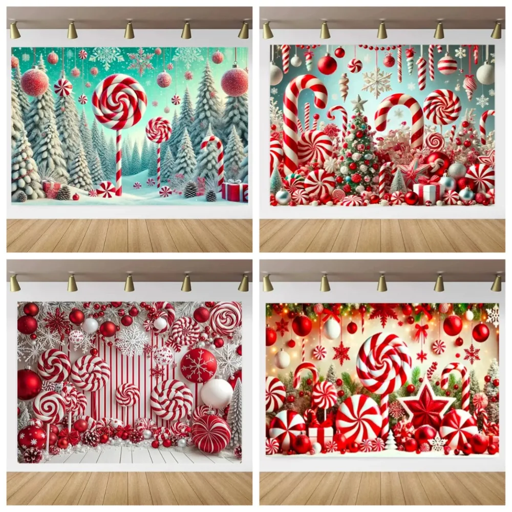 Christmas Candy Theme Background Red Candy Strips Snow Winter New Year ...