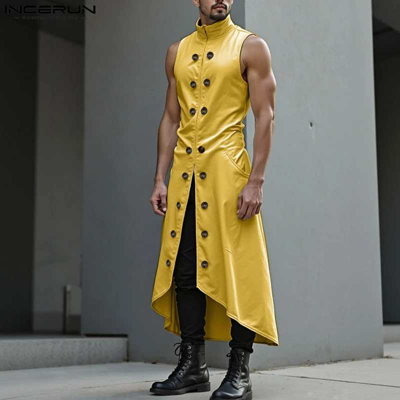 INCERUN Men Long Style Vests Solid Color Double Breasted Casual Male ...