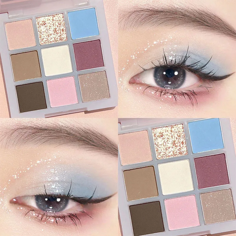 Paleta de sombra de ojos de 9 colores, maquillaje ahumado azul, purpurina, paleta de sombra de ...