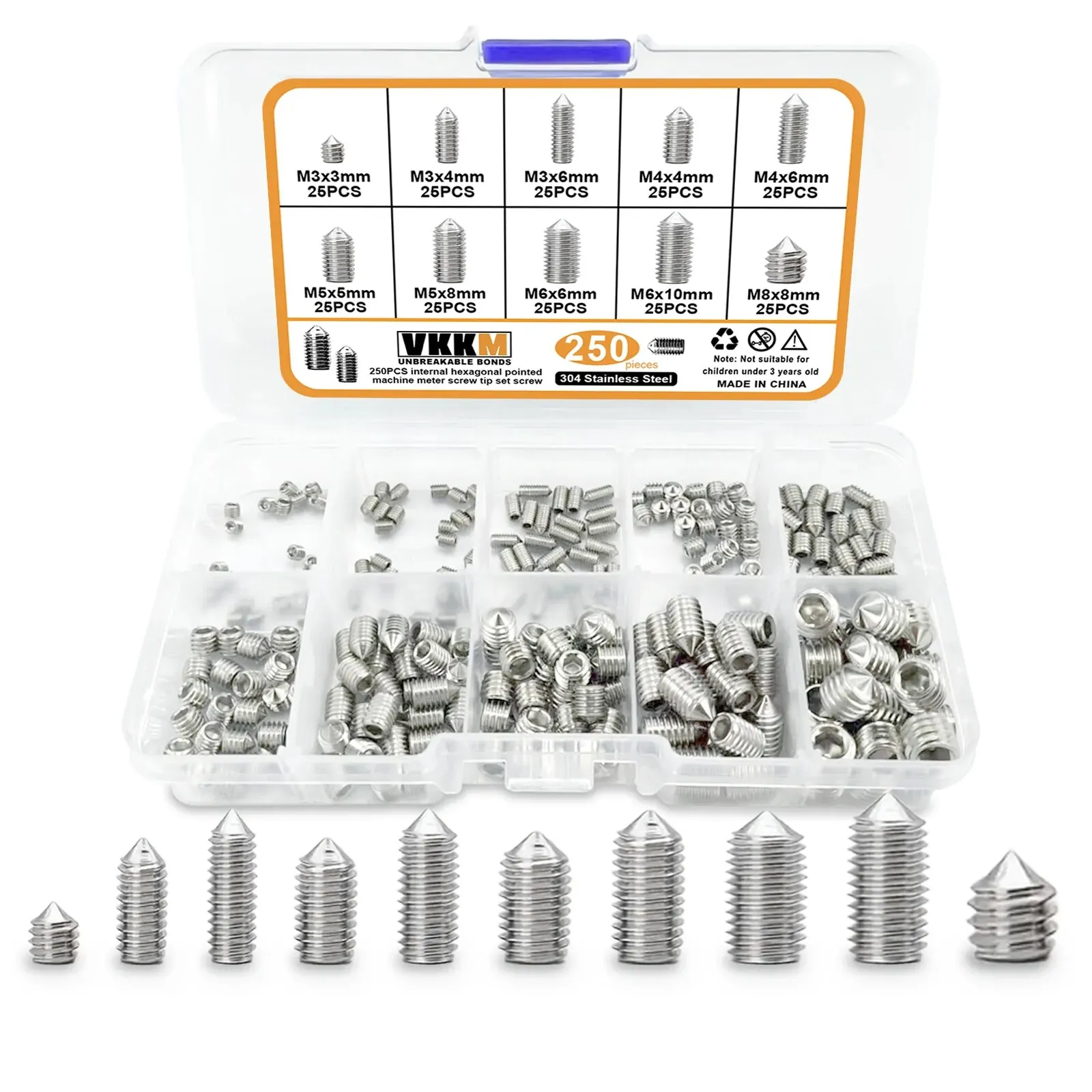 250Pcs-Headless-Hex-Socket-Screws-Stainless-Steel-Pointed-Fastening ...