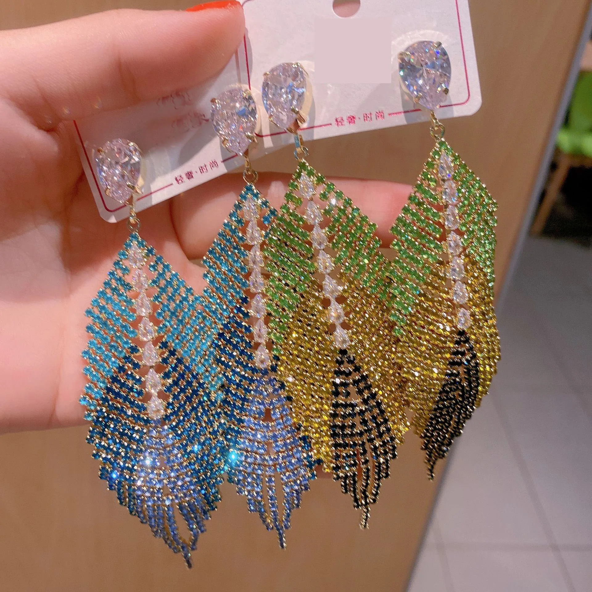 Shiny-Full-Rhinestone-Long-Tassel-Drop-Earrings-Oversize-Crystal-Dangle ...