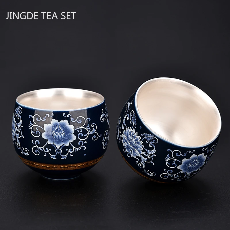 Blue-and-White-Gilt-Silver-Teacup-Handmade-Ceramic-Boutique-Tea-Cup ...