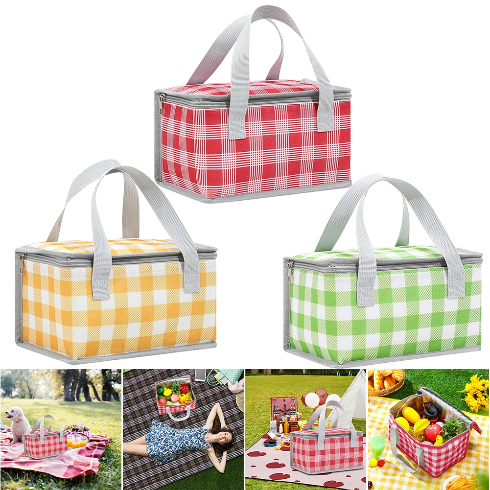 Insulated Picnic Bag Dual Zippers Camping Lunch Bag Waterproof Plaid ...