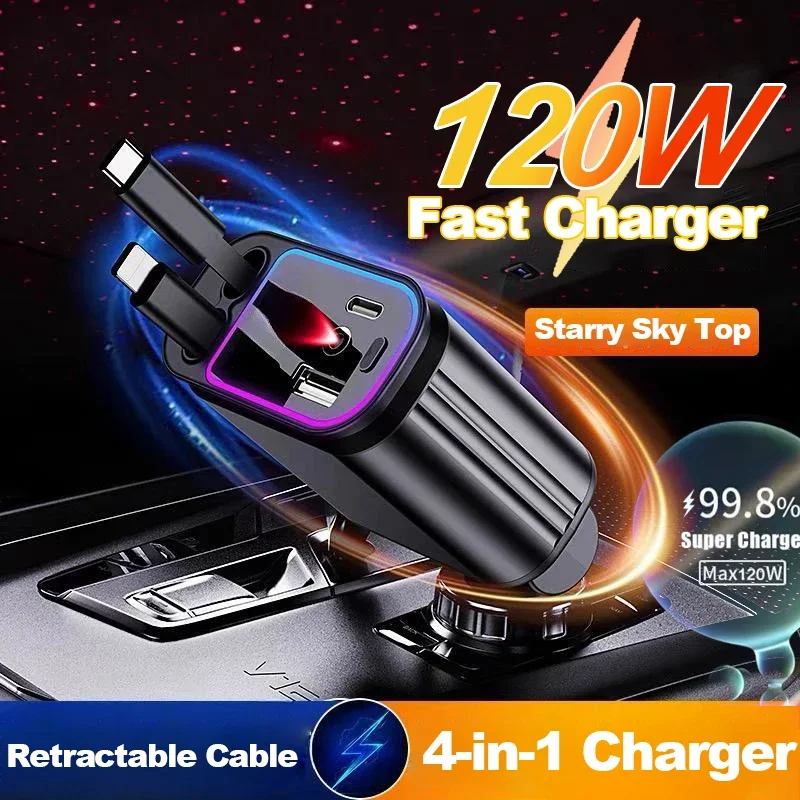 120W PD QC 3.0 4 IN 1 Car Retractable Fast Charger Phone Charing for ...