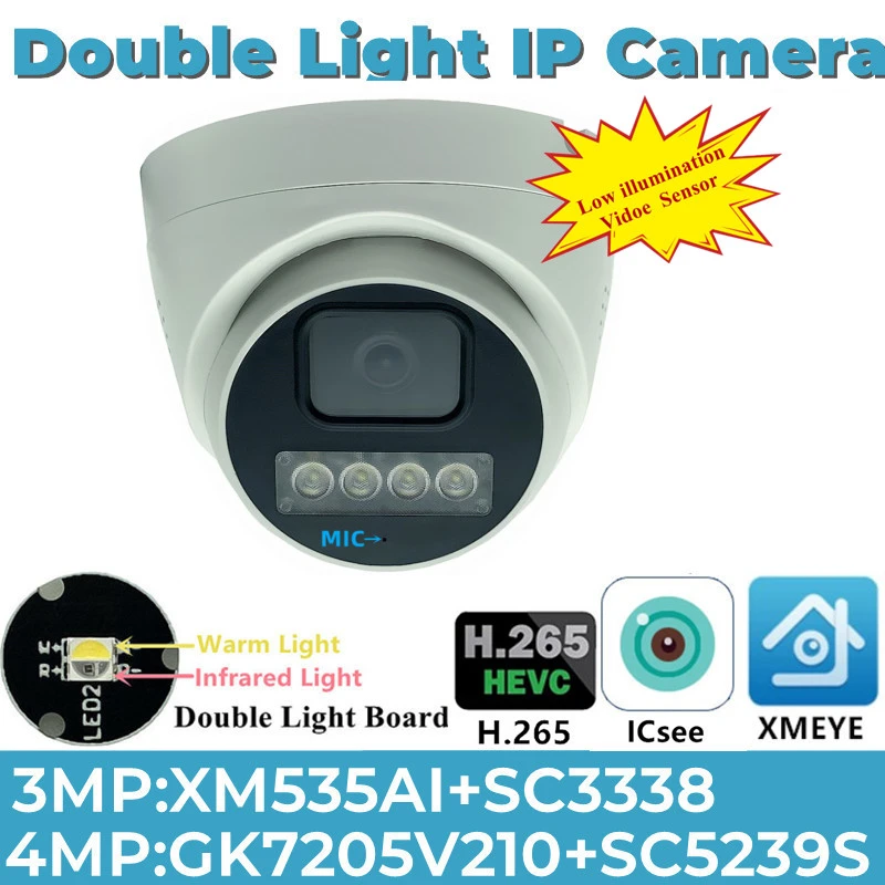 4/3MP 더블 라이트 IP 플라스틱 돔 카메라, GK7205V210 + SC5239S H.265 IRCut P2P 얼굴 감지 내장 마이크 오디오 저조도|감시 카메라 ...
