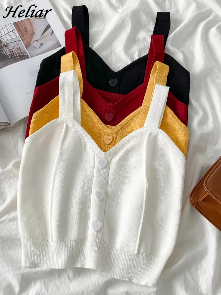 Heliar Women Cute Button Tops Knitted Solid 2022 Summer Spaghetti Crop ...